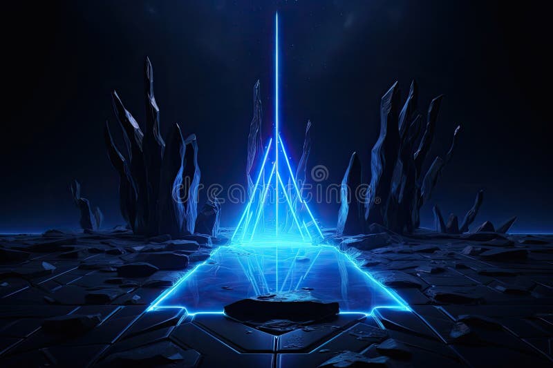 Geometric Blue Neon Element Under Water on Dark Background, Ai ...