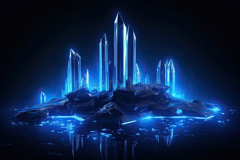 Geometric Blue Neon Element Under Water on Dark Background, Ai ...