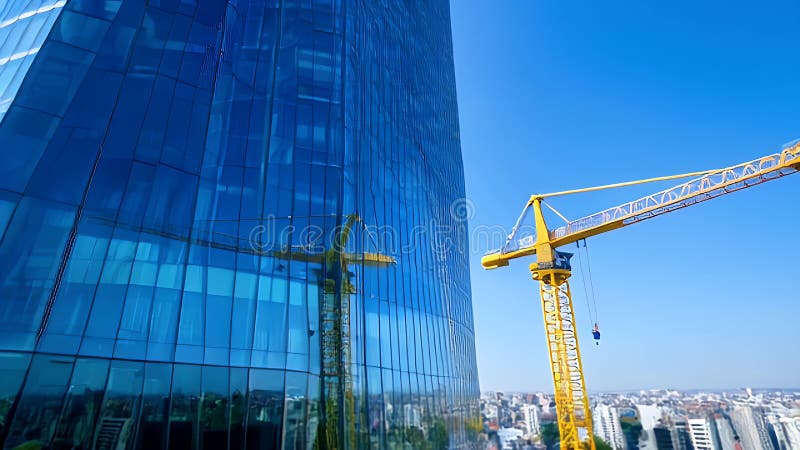 Geometric Blue Skyscraper with Construction Crane Under Clear Skies ...