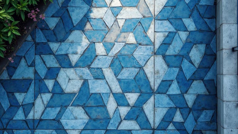 Geometric Blue Tile Pattern with Greenery and Concrete Edge Stock Image ...