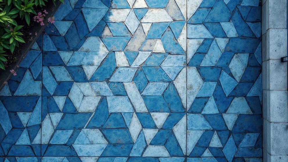 Geometric Blue Tile Pattern with Greenery and Concrete Edge Stock Image ...