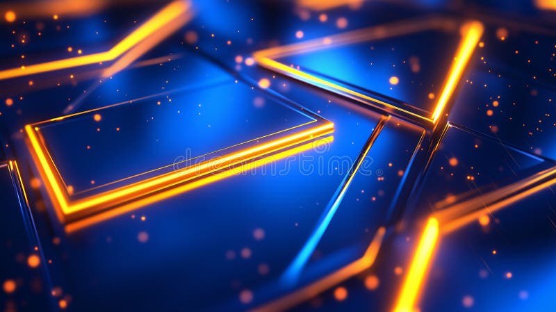 Geometric Blue and Yellow Neon Shapes with Glowing Particle Effects ...