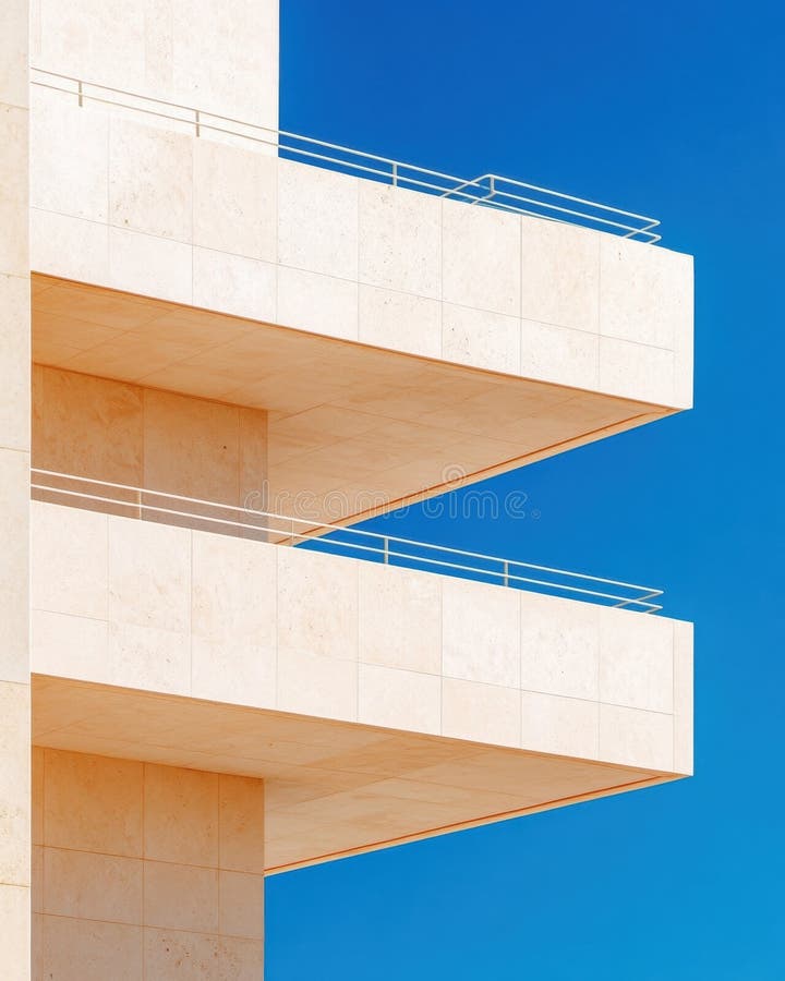 Geometric Building Design with Overhanging Balconies Under a Clear Blue ...