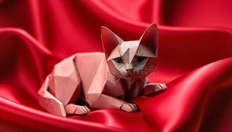 Geometric Cat Figurine on Red Silk: a Study in Form and Texture Stock ...