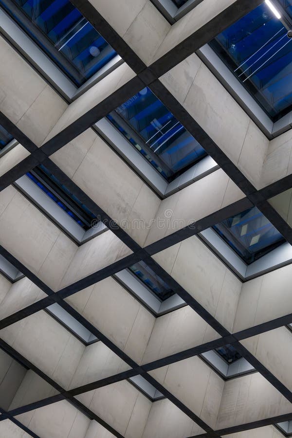 Geometric Ceiling with Blue Skylights Stock Image - Image of ...