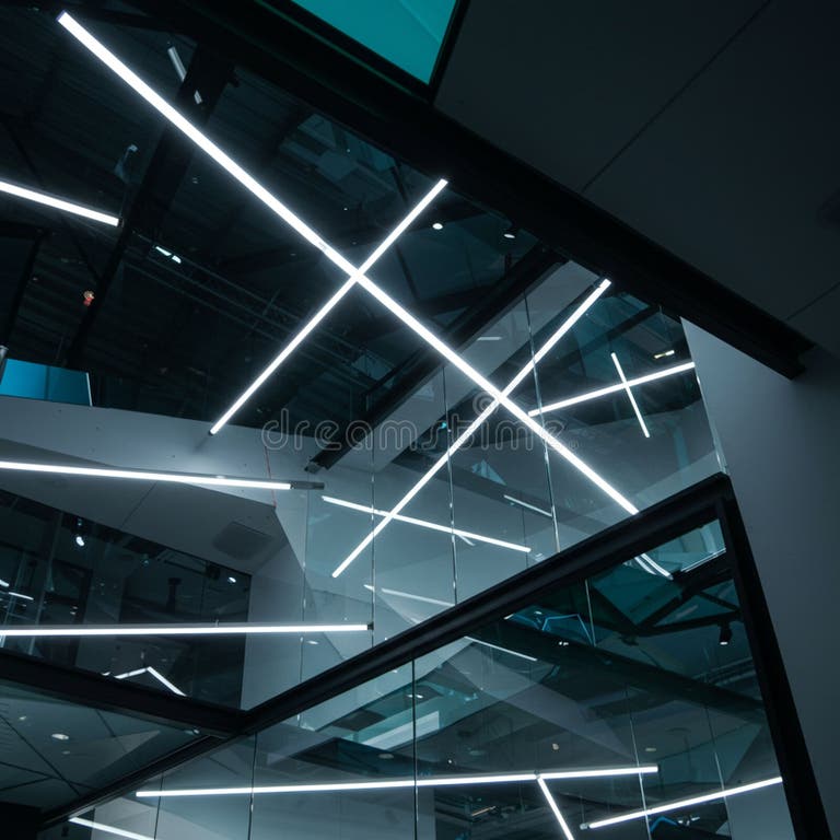 Geometric Ceiling Design Featuring Intersecting LED Light Strips in a ...