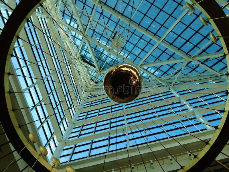 Geometric Ceiling Structure with Glass Panels Stock Image - Image of ...