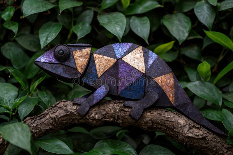 Geometric Chameleon Sculpture on a Tree Branch Stock Illustration ...
