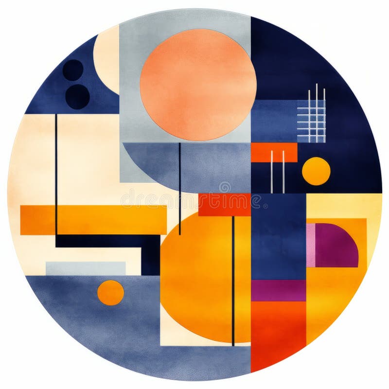 Geometric Circle Abstract Painting in Light Navy and Amber Stock ...
