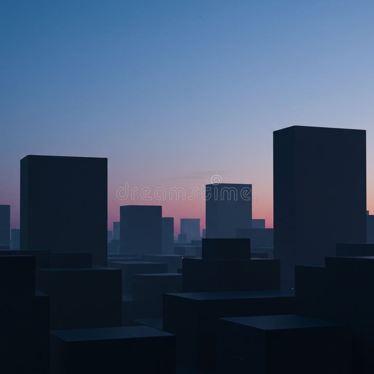 Geometric Cityscape at Dusk with Towering Rectangular Structures of Various Heights in Stock ...