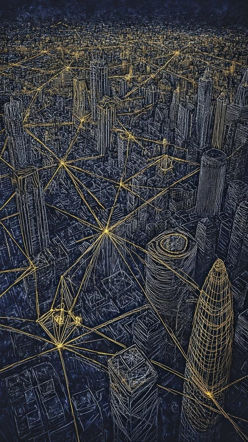 Geometric Cityscape Illustration with Light Lines Stock Illustration ...