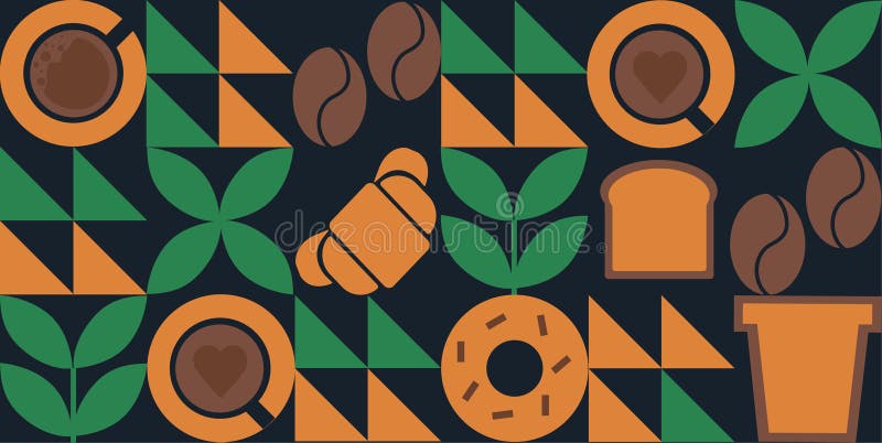 Geometric Coffee Pattern. Vector Sketch Banner with Coffee Beans, Cups ...