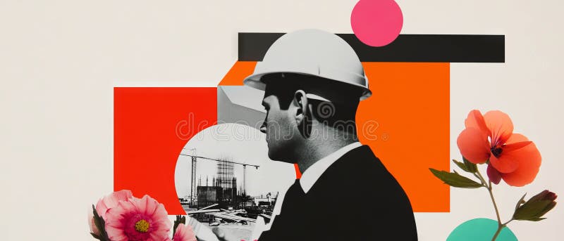 Geometric Collage Featuring Architect with Blueprints in a Construction ...