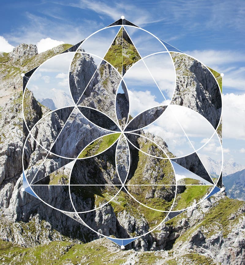 Collage with the Mountains Landscape and the Sacred Geometry Symbol ...