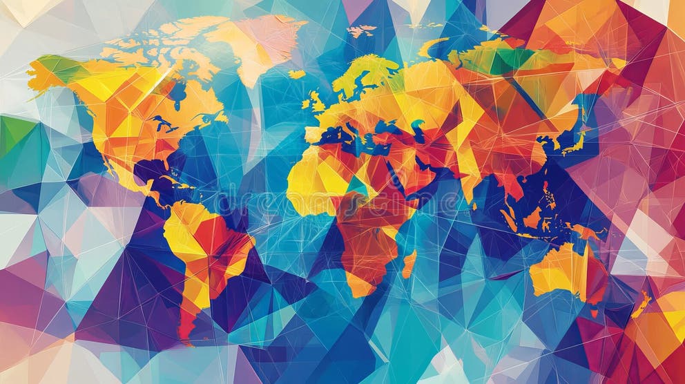 Geometric Colorful World Map with Abstract Triangular Patterns Stock ...