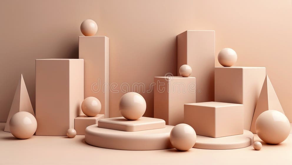 Geometric Composition Featuring Arranged Spheres, Cubes, and Pyramids ...