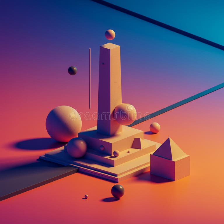 Geometric Composition Featuring an Obelisk, Pyramid, and Spheres Stock ...