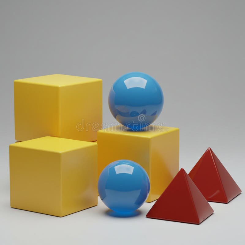 Geometric Composition Featuring Three Yellow Cubes, Two Blue Spheres ...
