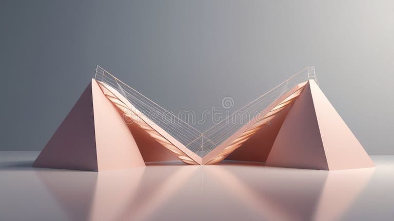 Geometric Composition Featuring Two Pink Pyramids Connected by a ...