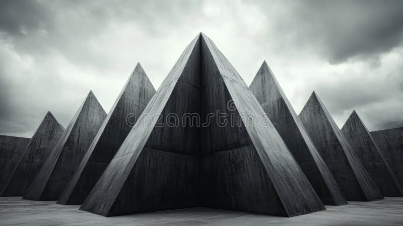 Geometric Concrete Pyramids Stand Tall Under a Dramatic, Cloudy Sky, AI ...