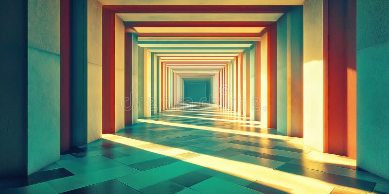 Geometric Corridor with Colorful Light Patterns in a Modern ...