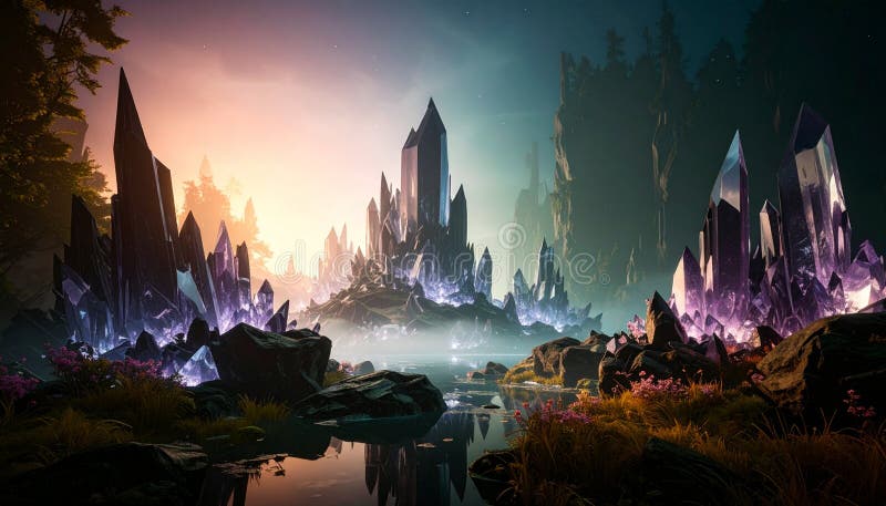 Geometric Crystals Growing Like a Fractal Forest. Background Concept ...