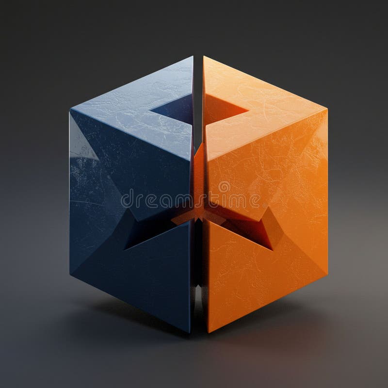 Geometric Cube Composed of Two Interlocking Triangular Prisms, One Blue ...