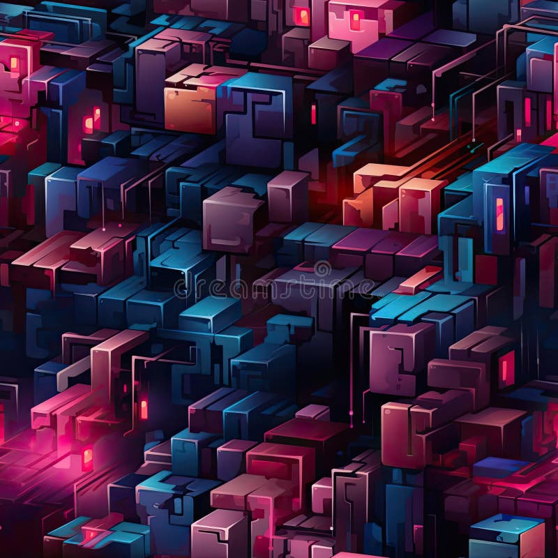 Geometric Cube Landscape Abstract in Dark Crimson and Blue (tiled ...