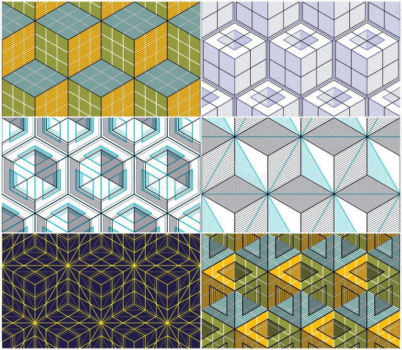 Geometric Cubes Abstract Seamless Patterns Set, 3d Vector Backgrounds ...