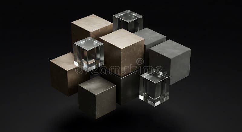 Geometric Cubes with Metallic and Clear Textures on Dark Background ...