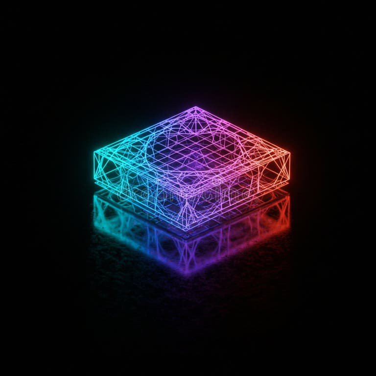 A Geometric 3D Wireframe Cube with a Complex Internal Structure Sits on a Reflective Stock ...