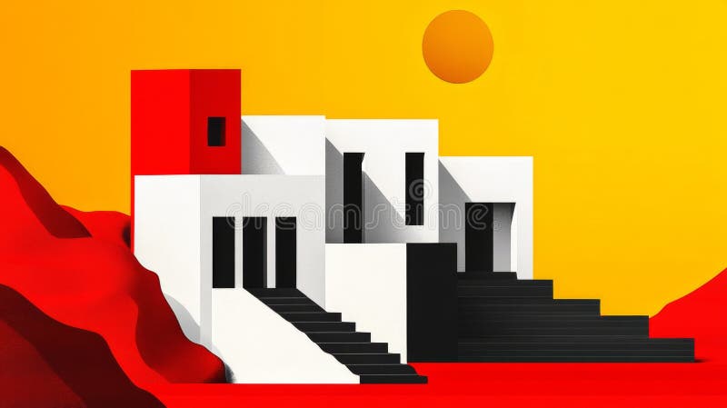 Geometric Desert House: Red White Black Minimalist Architecture Stock ...