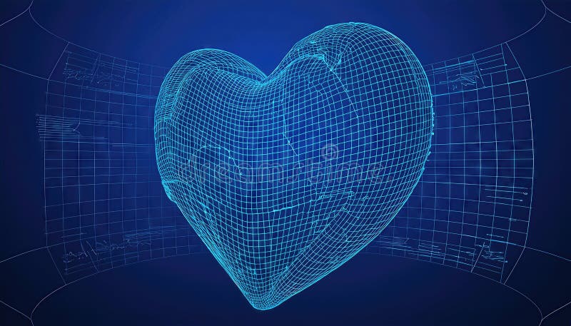 Geometric Digital Wireframe Heart on Blue Tech Blueprint Illuminated ...