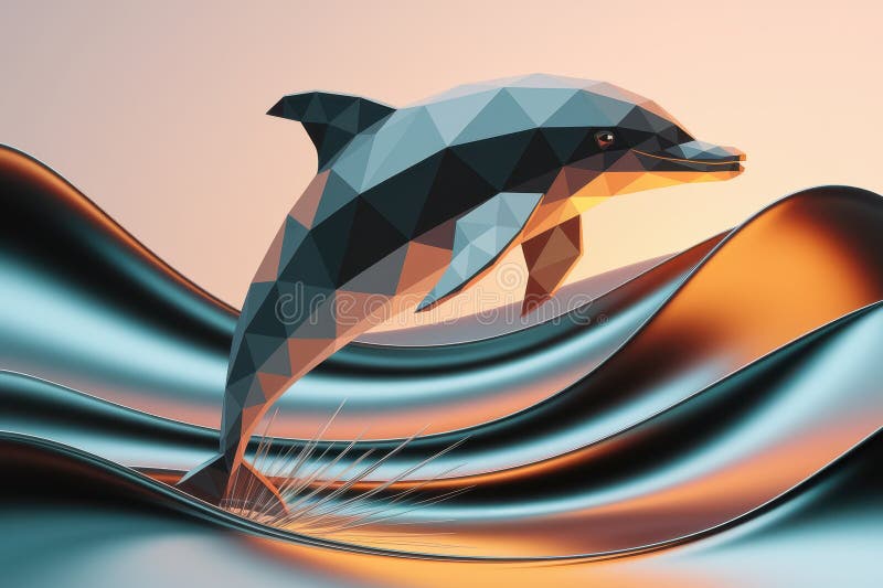 Geometric Dolphin Surging through Metallic Waves at Sunset Stock ...
