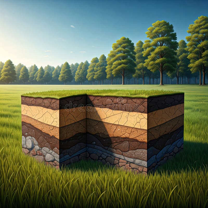 Geometric Earth Layers in Tranquil Meadow at Sunrise Stock Illustration ...