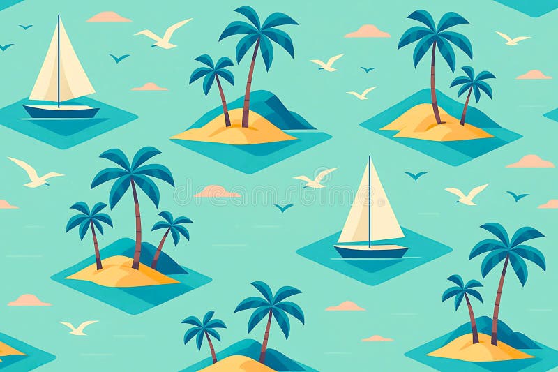 Geometric Flat Design Pattern of Tropical Islands and Sailboats Stock ...