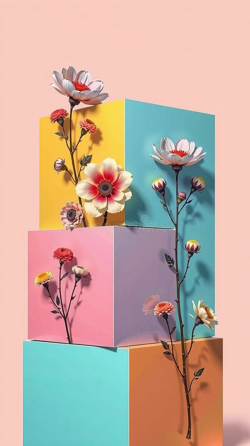 Geometric Floral Arrangement on Colorful Blocks Stock Photo - Image of ...