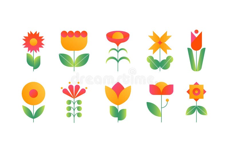 Geometric Flower Set. Abstract Gradient Spring Floral Elements Bold ...
