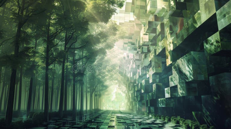 A Geometric Forest with a Pixelated Effect Blending Together in a ...