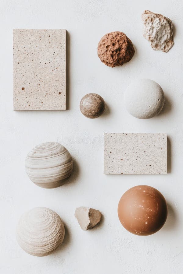 Geometric Forms on White Textured Surface. Beige Sphere Shapes with ...