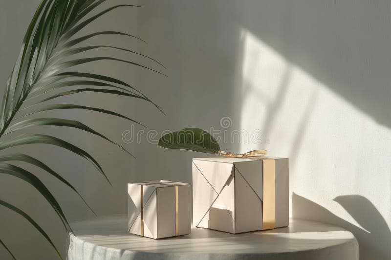Geometric Gift Boxes are Placed Elegantly on a Round Table ...