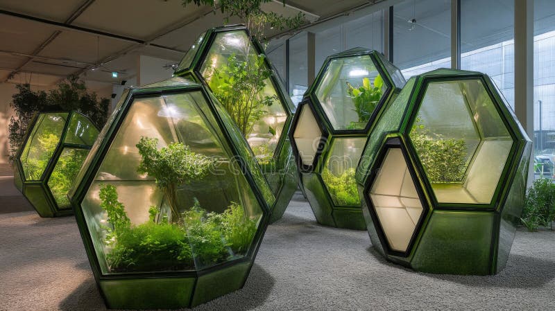 Geometric Glass Terrariums with Lush Greenery in Modern Interior Stock ...