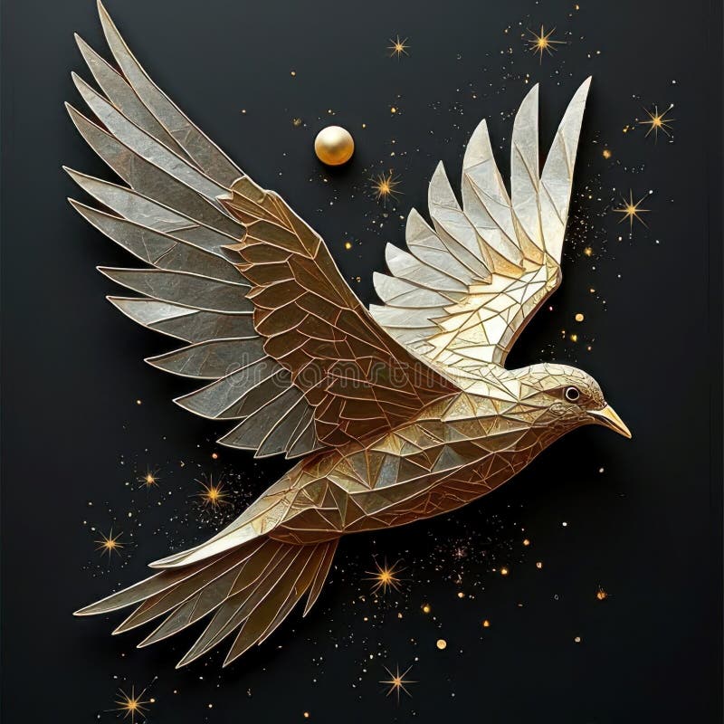 Geometric Gold Bird Soaring with Metallic Wings and Starry Accents on ...