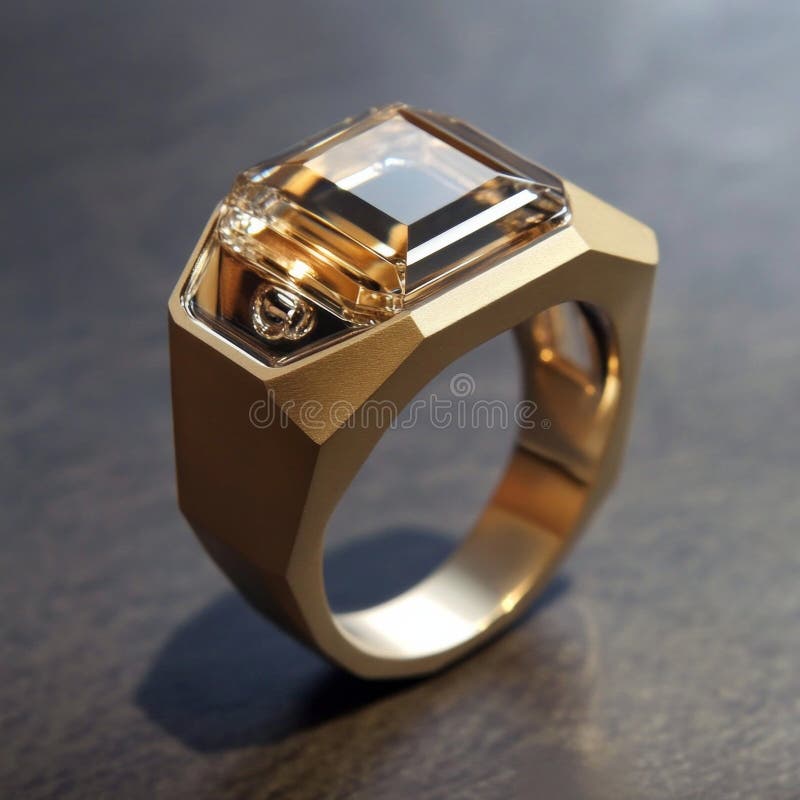 Geometric Gold Ring with Large Rectangular Gem on Gray Surface Stock ...