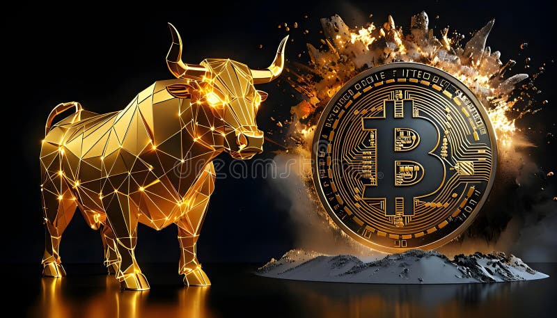Geometric Golden Bull and Exploding Bitcoin Symbol, Dark Background ...
