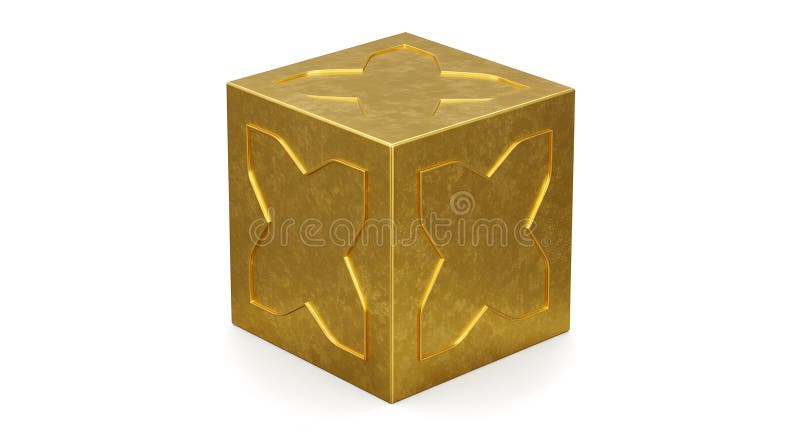 Geometric Golden Cube Sculpture with Intricate Pattern on White ...