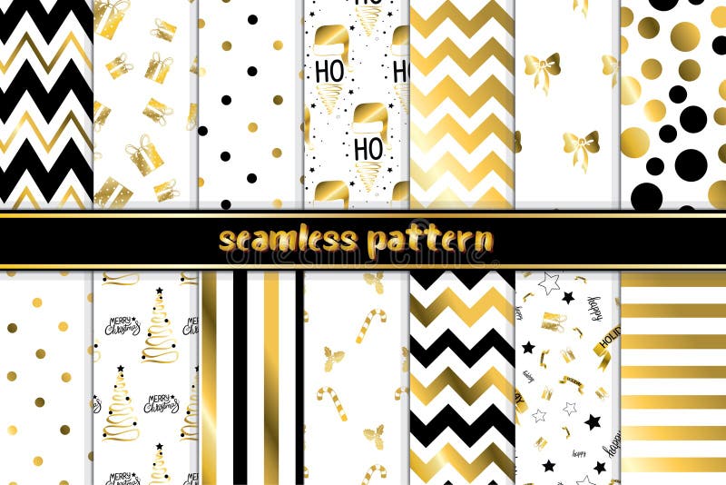 Geometric Golden Seamless Pattern Set. Stripes, Polka Dot, Diagonal Strokes, Chevron Universal ...