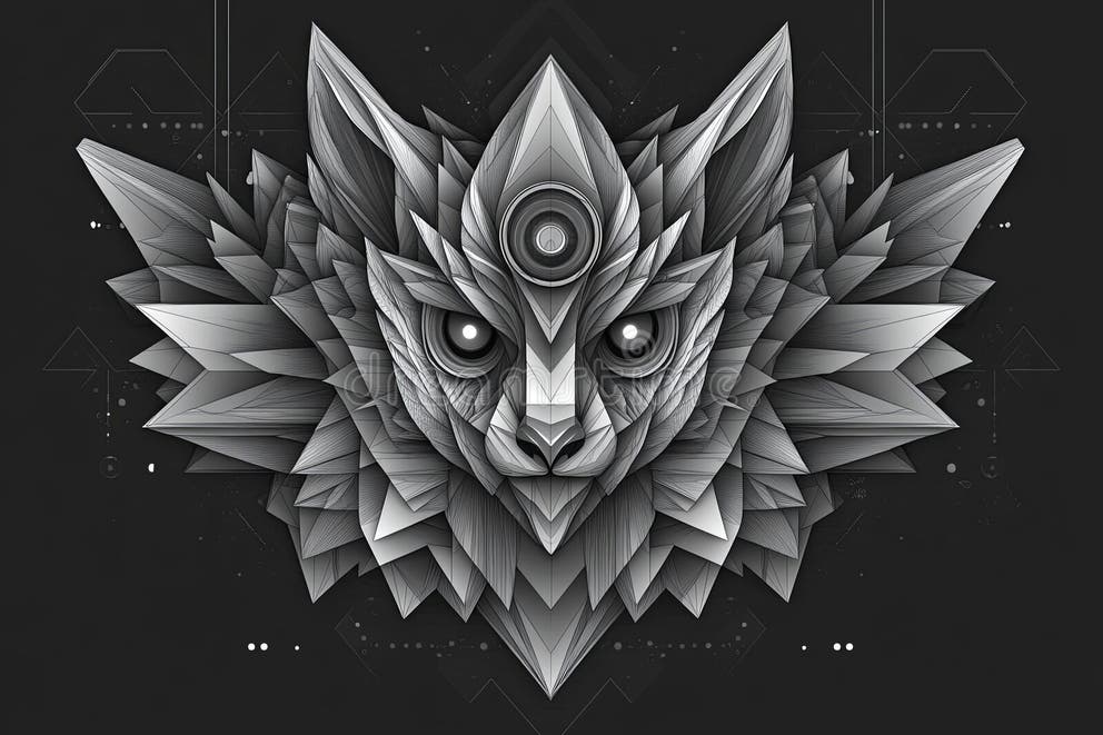 Geometric Grayscale Cat Head Illustration with Sharp Lines and ...