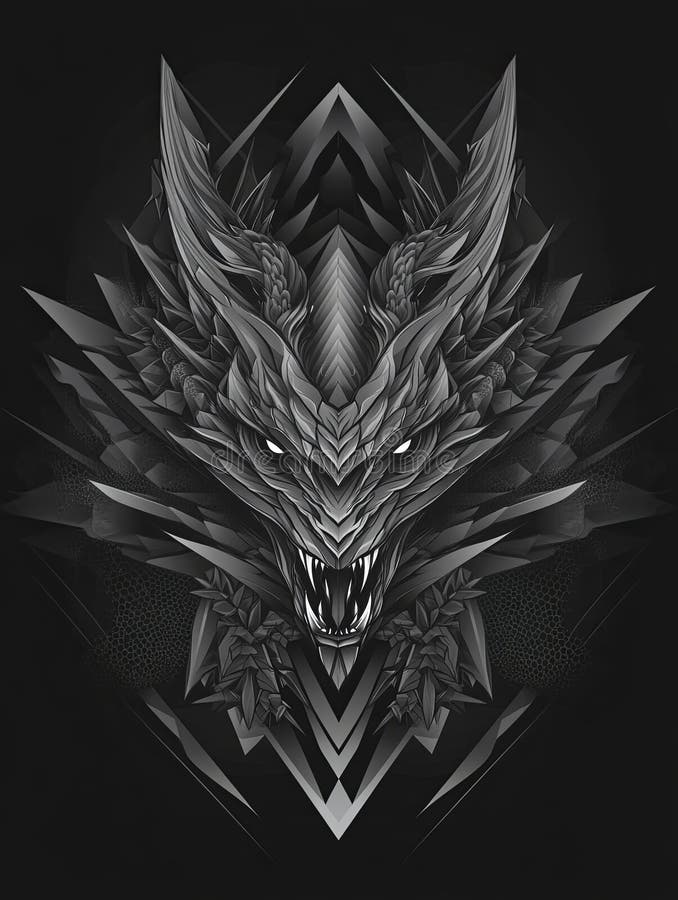 Geometric Grayscale Dragon Head Illustration with Sharp Angles and ...