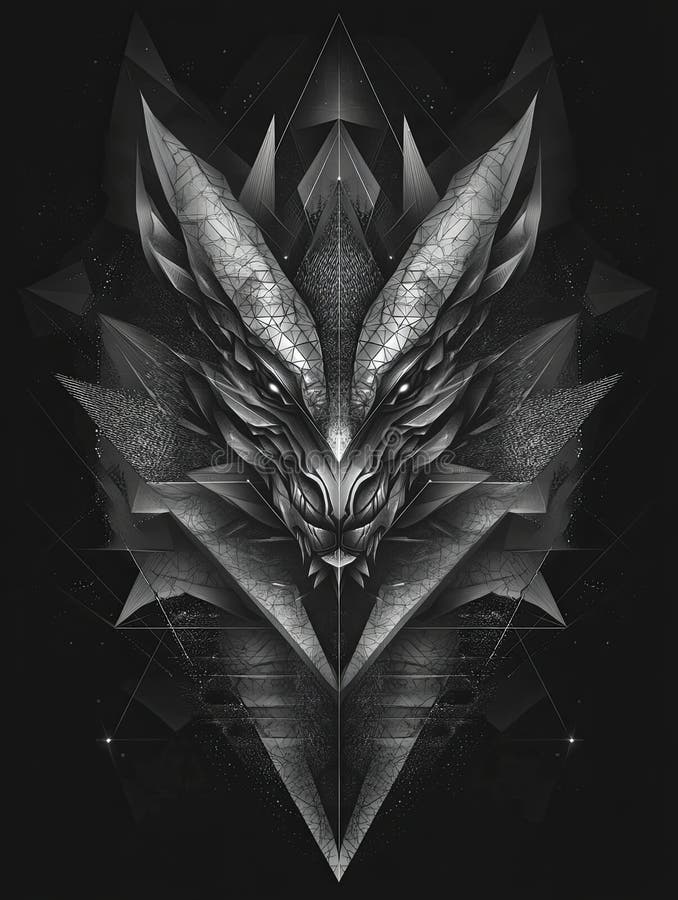 Geometric Grayscale Dragon Head Illustration with Sharp Lines and ...